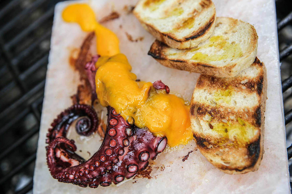 Octopus with mango puree and roasted ciabatta – FIRE&FOOD